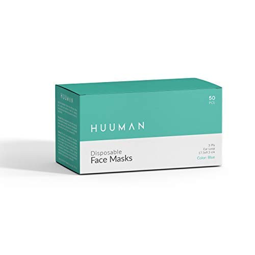 50pcs Disposable Face Masks by HUUMAN, 3-Ply Non-Sterile Procedural Masks, Dust Resistant Filter, Breathable, Adjustable Nose Bridge, Pack of 50 Comfortable Face Masks USA Assembled