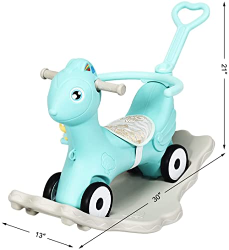 Costzon 4 in 1 Baby Rocking Horse, Ride on Push Car, Push and Ride Racer w/Music, Safety Bar, Parental Handle, Cushion, Kids Sliding Cart Rocker for 3–5 Year Old, Toddler Boys & Girls Gift Toy, Green