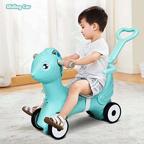 Costzon 4 in 1 Baby Rocking Horse, Ride on Push Car, Push and Ride Racer w/Music, Safety Bar, Parental Handle, Cushion, Kids Sliding Cart Rocker for 3–5 Year Old, Toddler Boys & Girls Gift Toy, Green