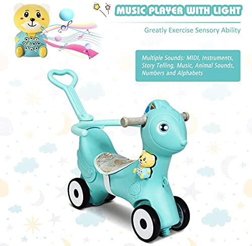 Costzon 4 in 1 Baby Rocking Horse, Ride on Push Car, Push and Ride Racer w/Music, Safety Bar, Parental Handle, Cushion, Kids Sliding Cart Rocker for 3–5 Year Old, Toddler Boys & Girls Gift Toy, Green