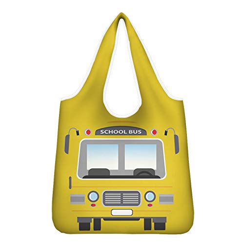 WELLFLYHOM Yellow School Bus Reusable Shopping Durable Polyester Cloth Totes Gift Bags with Pouch Long Handle Heavy Duty Eco Friendly for Shopping Trip,Groceries,Library Trip