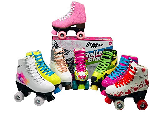 StMax Quad Roller Skates for Girls and Women-Size 2.5 Kids to 8.5 Women -Outdoor, Indoor and Rink Skating- Classic High Cuff with Adjustable Lace System (Pink, 8 Women)