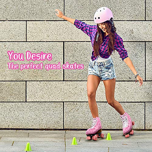 StMax Quad Roller Skates for Girls and Women-Size 2.5 Kids to 8.5 Women -Outdoor, Indoor and Rink Skating- Classic High Cuff with Adjustable Lace System (Pink, 8 Women)