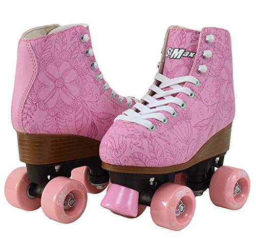 StMax Quad Roller Skates for Girls and Women-Size 2.5 Kids to 8.5 Women -Outdoor, Indoor and Rink Skating- Classic High Cuff with Adjustable Lace System (Pink, 8 Women)