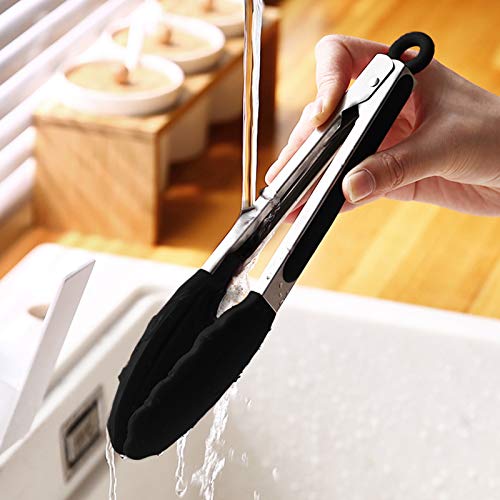 MJIYA Silicone Kitchen Tongs (12 inch), High Heat Resistant to 480°F, Stainless Steel with Non-Stick Silicone Tips (12 inch, Black)