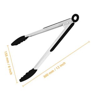 MJIYA Silicone Kitchen Tongs (12 inch), High Heat Resistant to 480°F, Stainless Steel with Non-Stick Silicone Tips (12 inch, Black)