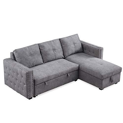 MOREDESIGN Reversible Sleeper Sectional Sofa, Corner Sofa-Bed with Storage,91" W*64.5" D*35.5" H, nailheaded, Grey