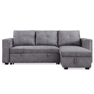 MOREDESIGN Reversible Sleeper Sectional Sofa, Corner Sofa-Bed with Storage,91" W*64.5" D*35.5" H, nailheaded, Grey