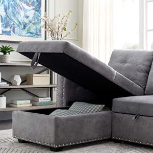 MOREDESIGN Reversible Sleeper Sectional Sofa, Corner Sofa-Bed with Storage,91" W*64.5" D*35.5" H, nailheaded, Grey