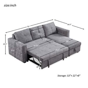 MOREDESIGN Reversible Sleeper Sectional Sofa, Corner Sofa-Bed with Storage,91" W*64.5" D*35.5" H, nailheaded, Grey