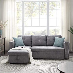 MOREDESIGN Reversible Sleeper Sectional Sofa, Corner Sofa-Bed with Storage,91" W*64.5" D*35.5" H, nailheaded, Grey