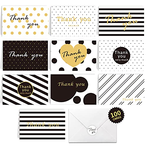 Hotcinfin 100 Thank You Cards Boxed Set,100 Assorted Simple Blank Greeting Note Cards Bulk with Envelopes and Stickers - Graduation, Business, Bridal/Baby Shower, Wedding, Funeral- 4X6