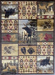 cabin style distressed antiquated area rug black bear elk deer wildlife animal country hunting southwest wilderness design 760 (5 feet x 7 feet)