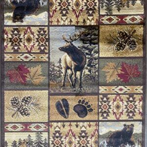 Cabin Style Distressed Antiquated Area Rug Black Bear Elk Deer Wildlife Animal Country Hunting Southwest Wilderness Design 760 (5 Feet X 7 Feet)