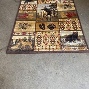 Cabin Style Distressed Antiquated Area Rug Black Bear Elk Deer Wildlife Animal Country Hunting Southwest Wilderness Design 760 (5 Feet X 7 Feet)