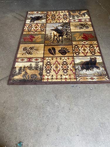 Cabin Style Distressed Antiquated Area Rug Black Bear Elk Deer Wildlife Animal Country Hunting Southwest Wilderness Design 760 (5 Feet X 7 Feet)