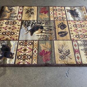 Cabin Style Distressed Antiquated Area Rug Black Bear Elk Deer Wildlife Animal Country Hunting Southwest Wilderness Design 760 (5 Feet X 7 Feet)