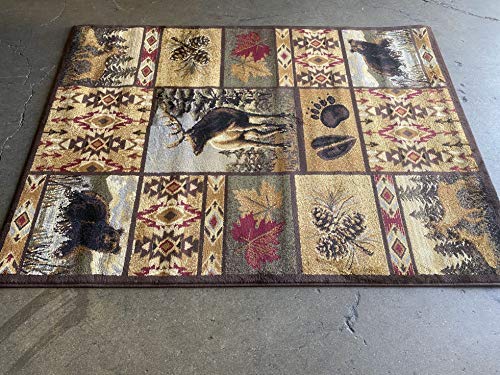 Cabin Style Distressed Antiquated Area Rug Black Bear Elk Deer Wildlife Animal Country Hunting Southwest Wilderness Design 760 (5 Feet X 7 Feet)