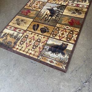 Cabin Style Distressed Antiquated Area Rug Black Bear Elk Deer Wildlife Animal Country Hunting Southwest Wilderness Design 760 (5 Feet X 7 Feet)