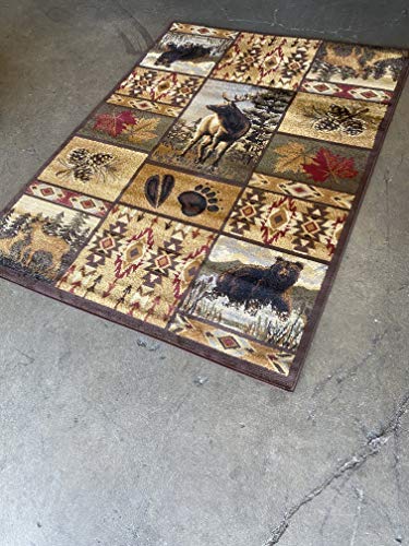 Cabin Style Distressed Antiquated Area Rug Black Bear Elk Deer Wildlife Animal Country Hunting Southwest Wilderness Design 760 (5 Feet X 7 Feet)