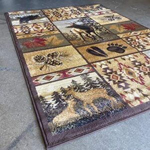 Cabin Style Distressed Antiquated Area Rug Black Bear Elk Deer Wildlife Animal Country Hunting Southwest Wilderness Design 760 (5 Feet X 7 Feet)