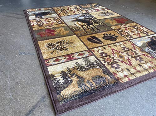 Cabin Style Distressed Antiquated Area Rug Black Bear Elk Deer Wildlife Animal Country Hunting Southwest Wilderness Design 760 (5 Feet X 7 Feet)