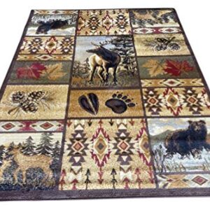 Cabin Style Distressed Antiquated Area Rug Black Bear Elk Deer Wildlife Animal Country Hunting Southwest Wilderness Design 760 (5 Feet X 7 Feet)