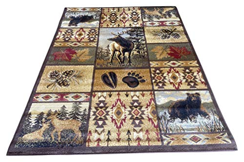 Cabin Style Distressed Antiquated Area Rug Black Bear Elk Deer Wildlife Animal Country Hunting Southwest Wilderness Design 760 (5 Feet X 7 Feet)