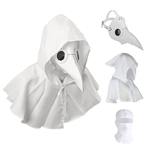 KOILLUXU White Plague Doctor Mask Costumes Set, Leather Bird Beak Mask for Halloween Cosplay Party Costume, Masquerade Party Costume Props. (White)