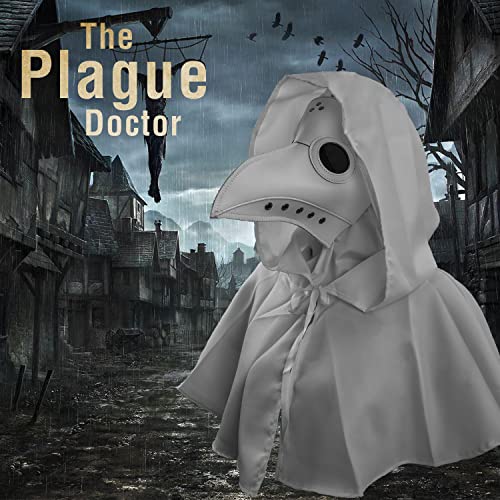 KOILLUXU White Plague Doctor Mask Costumes Set, Leather Bird Beak Mask for Halloween Cosplay Party Costume, Masquerade Party Costume Props. (White)