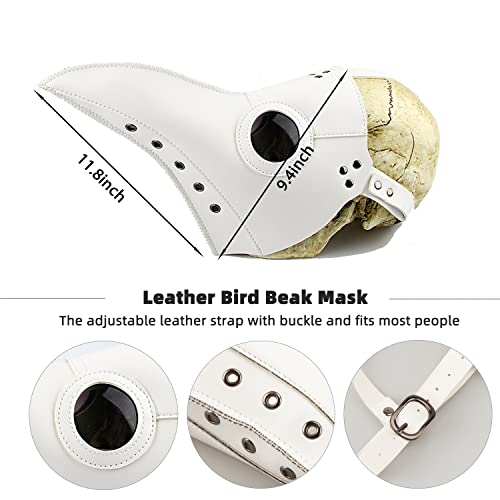 KOILLUXU White Plague Doctor Mask Costumes Set, Leather Bird Beak Mask for Halloween Cosplay Party Costume, Masquerade Party Costume Props. (White)