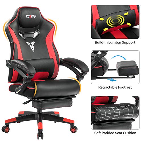 KCREAM Gaming Chair Computer Desk Chair with Footrest Racing Style Ergonomic Game Chair with Build-in Lumbar Support and Adjustable Recliner High Back Leather E-Sports Chair for Adult (8521-red)