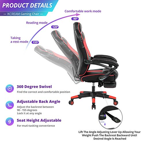 KCREAM Gaming Chair Computer Desk Chair with Footrest Racing Style Ergonomic Game Chair with Build-in Lumbar Support and Adjustable Recliner High Back Leather E-Sports Chair for Adult (8521-red)