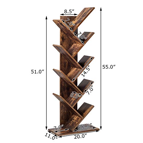 Tangkula 55-Inch Tree Bookshelf, 9-Shelf Free Standing Tree Bookcase, Bookshelves for Home Living Room Office Children’s Room, Display Stand for CDs/Albums/Books, w/Anti-toppling Device (Rustic Brown)