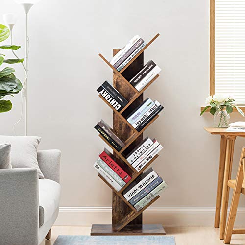 Tangkula 55-Inch Tree Bookshelf, 9-Shelf Free Standing Tree Bookcase, Bookshelves for Home Living Room Office Children’s Room, Display Stand for CDs/Albums/Books, w/Anti-toppling Device (Rustic Brown)