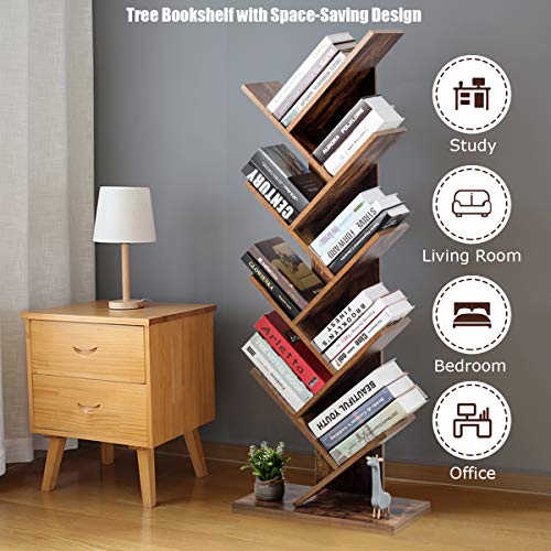 Tangkula 55-Inch Tree Bookshelf, 9-Shelf Free Standing Tree Bookcase, Bookshelves for Home Living Room Office Children’s Room, Display Stand for CDs/Albums/Books, w/Anti-toppling Device (Rustic Brown)