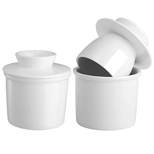 Bekith 2 Pack Porcelain Butter Keeper Crock, French Ceramic Butter Dish with Lid, White Butter Container for Soft Butter