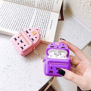 APOSU Cute Airpods Case, Silicone 3D Backpack Airpods Cover with Keychain&Metal Strap Designed for Apple AirPods 1 & 2 (Purple)