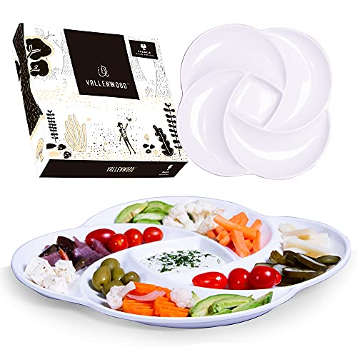 2 Ecology Reusable Non Disposable White Veggie Tray for Partys. 13 in, Unbreakable Melamine Not Plastic. Appetizer Sectioned Platter. Vegetables and Fruits. Chip and Dip Serving. Entertaining.