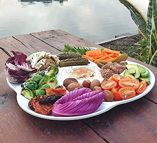 2 Ecology Reusable Non Disposable White Veggie Tray for Partys. 13 in, Unbreakable Melamine Not Plastic. Appetizer Sectioned Platter. Vegetables and Fruits. Chip and Dip Serving. Entertaining.