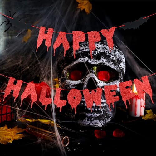 Red Glitter Happy Halloween Banner Halloween Party Banner for Halloween Haunted Houses Home Indoor Mantle Decor Happy Halloween Party Decorations