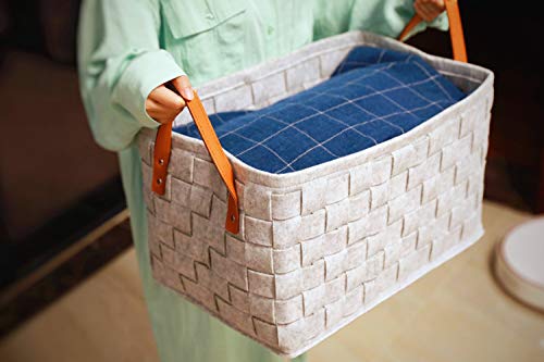 MultiLux Foldable Storage Basket Drawers Nature Handmade Rectangular Felt Fabric Storage Box Containers Felt with Handles for Home Bedroom Towels Clothes Cloest Organizer Large Size Grey