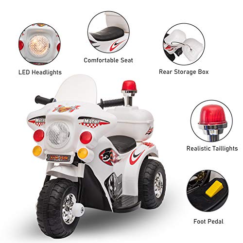 Aosom 6V Kids Motorcycle Dirt Bike Electric Battery-Powered Ride-On Toy Off-Road Street Bike with Music & Horn Buttons, Stable 3-Wheel Design, & Rear Storage Space, White