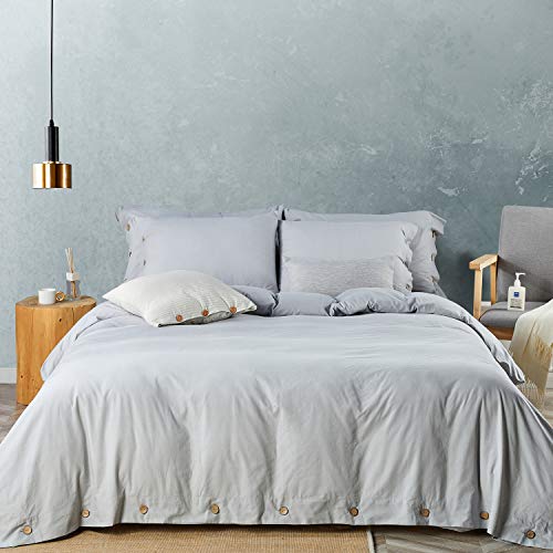 JELLYMONI Light Grey 100% Washed Cotton Duvet Cover Set, 3 Pieces Luxury Soft Bedding Set with Buttons Closure. Solid Color Pattern Duvet Cover King Size(No Comforter)