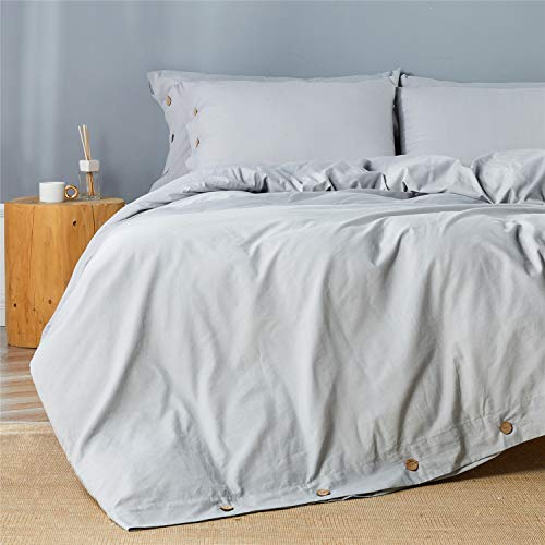 JELLYMONI Light Grey 100% Washed Cotton Duvet Cover Set, 3 Pieces Luxury Soft Bedding Set with Buttons Closure. Solid Color Pattern Duvet Cover King Size(No Comforter)