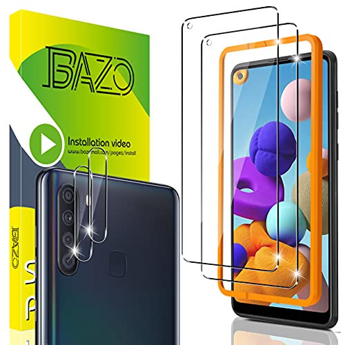 BAZO [2+2 Pack Tempered Glass Screen Protector for Samsung Galaxy A21 and Camera Lens Protector with Easy Installation Frame - Anti-Scratch - Bubble Free -Case Friendly - 9H Hardness - HD Clear