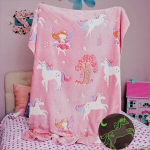 glow in the dark unicorn blanket for girls – soft pink fleece throw. great christmas, birthday, baby, toddler unicorn gifts! unicorn toys for girls, with fairy, butterfly, stars. bright long-last glow