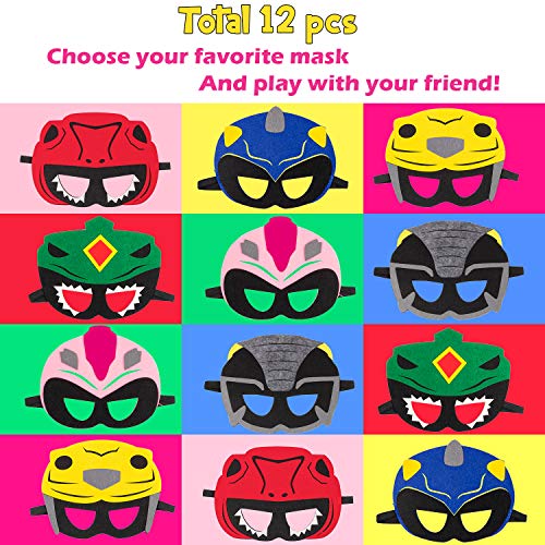 Haooryx 12Pcs Power Hero Theme Party Masks, Dress Up Costumes Party Decor Supplies US Rangers Ninja Steel Halloween Pretend Play Accessories Photo Booth Prop for Baby Shower Kids Birthday Favors