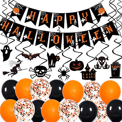 Doumeny Halloween Hanging Swirl Decorations Happy Halloween Banner Bunting Garland Flag Halloween Hanging Foil Swirls with Halloween Balloons for Halloween Party Decor Home Ceiling Doorway Decor