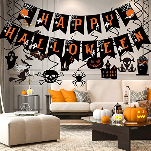 Doumeny Halloween Hanging Swirl Decorations Happy Halloween Banner Bunting Garland Flag Halloween Hanging Foil Swirls with Halloween Balloons for Halloween Party Decor Home Ceiling Doorway Decor